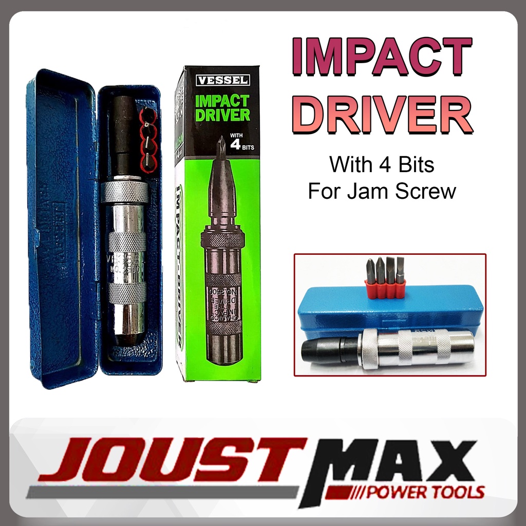2500 VESSEL Impact Driver with 4 Bits for Jam Screws or Screw Loosening ...
