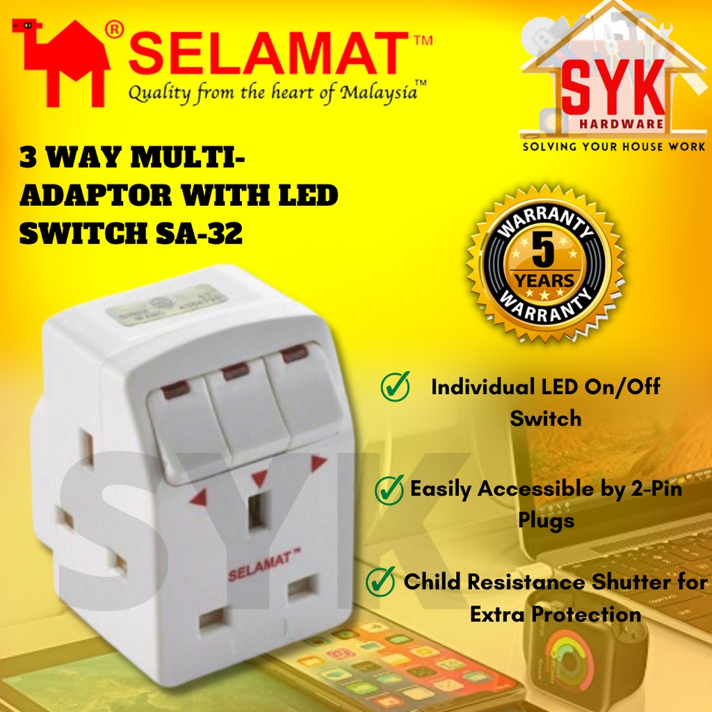 SYK Selamat SA-32 Sirim 3 Way Multi-Adaptor With LED Switch 13A Fuse ...