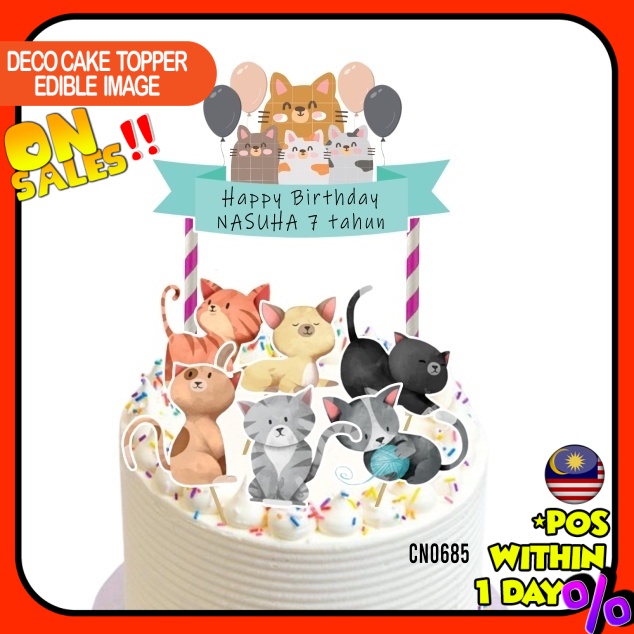 [CUSTOM NAME] Happy Birthday Cake Topper Cat (Kucing) Decoration Set ...