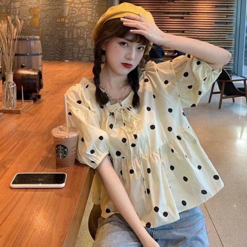 M Xxl Ready Stock Short Sleeve Polka Dot Loose Fitting Top 2023 New