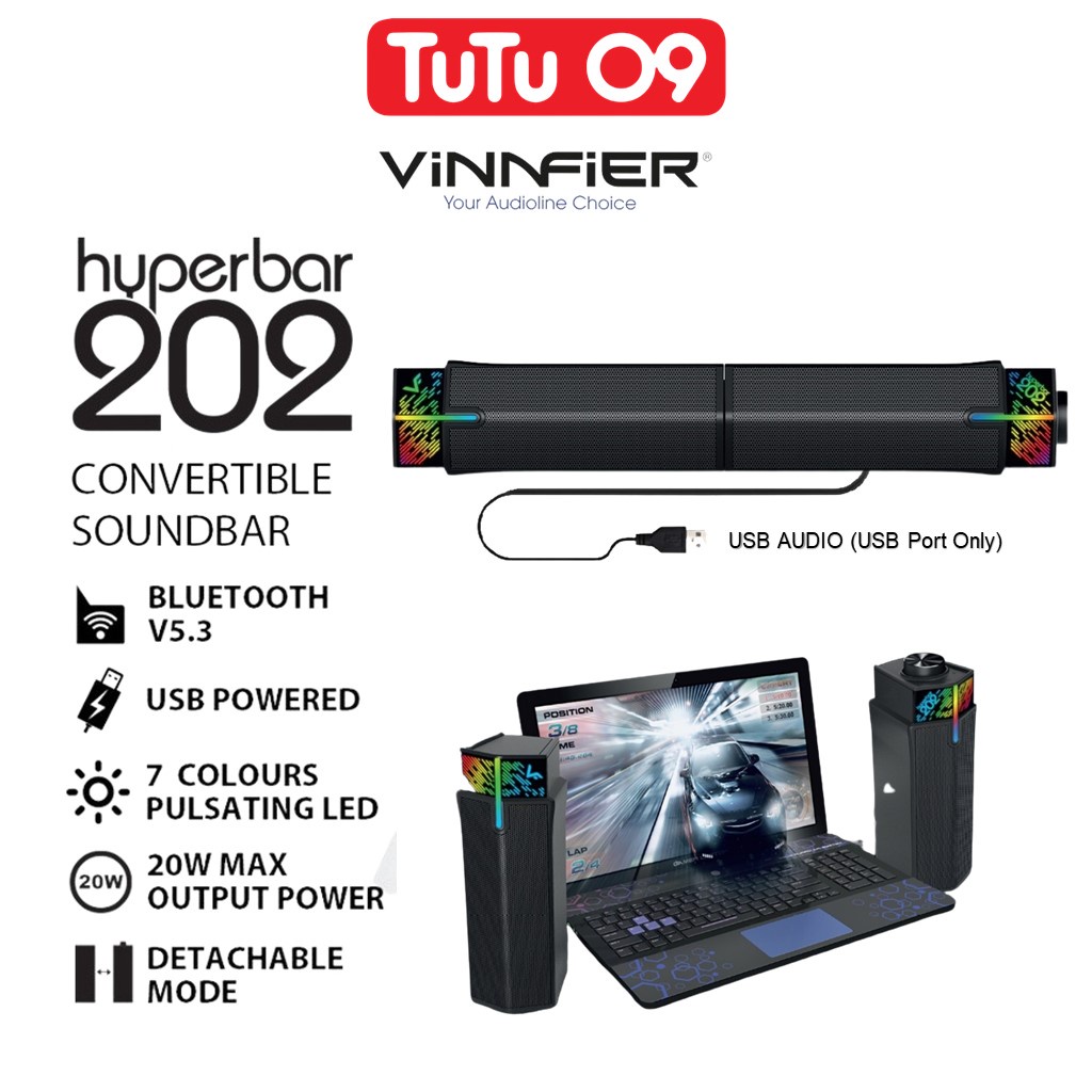 Vinnfier Hyperbar 202 Gaming Stereo Detachable SoundBar USB Audio ...