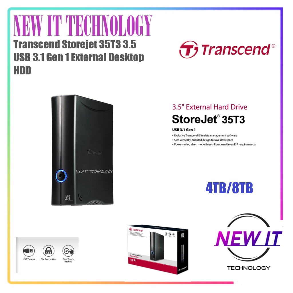 Transcend Storejet 35T3 3.5 USB 3.1 Gen 1 Desktop PC Laptop External Hard Drive EXT HDD 4TB ...