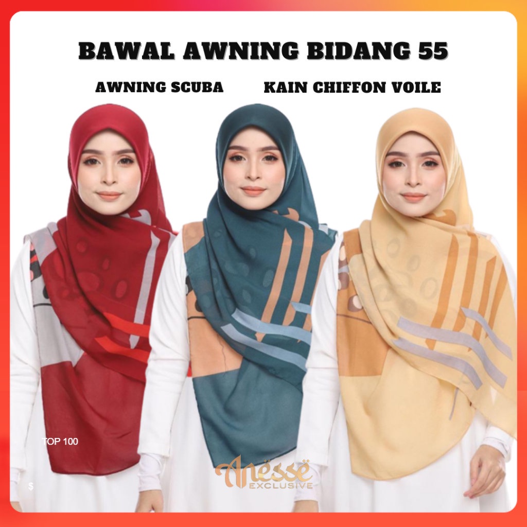 Tudung Bawal Awning Labuh Bidang 55 Kain Chiffon Voile Premium Tudung ...