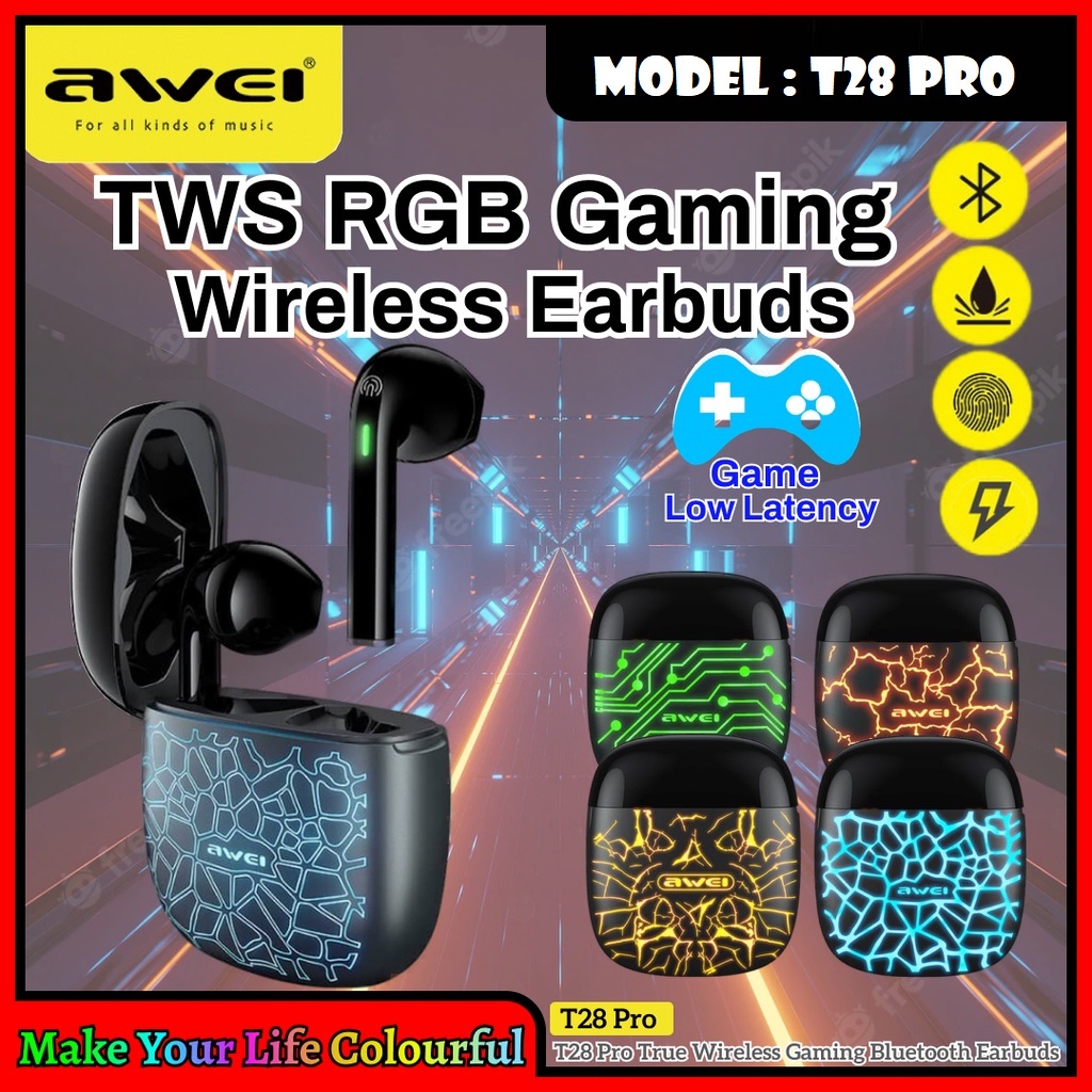 AWEI T28 Pro RGB Gaming In-Ear TWS Low Latency Wireless Earbuds Built ...