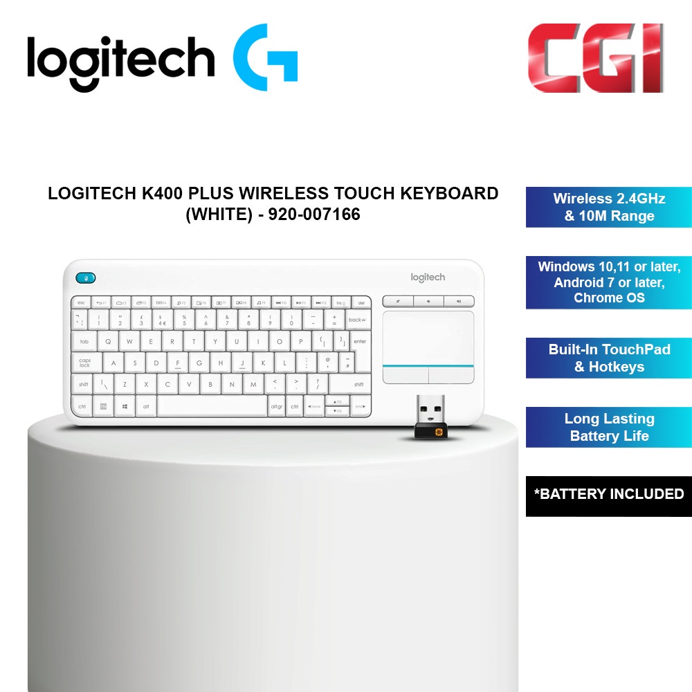 Logitech K400 Plus Wireless USB Touch Keyboard - White ( 920-007166 ...