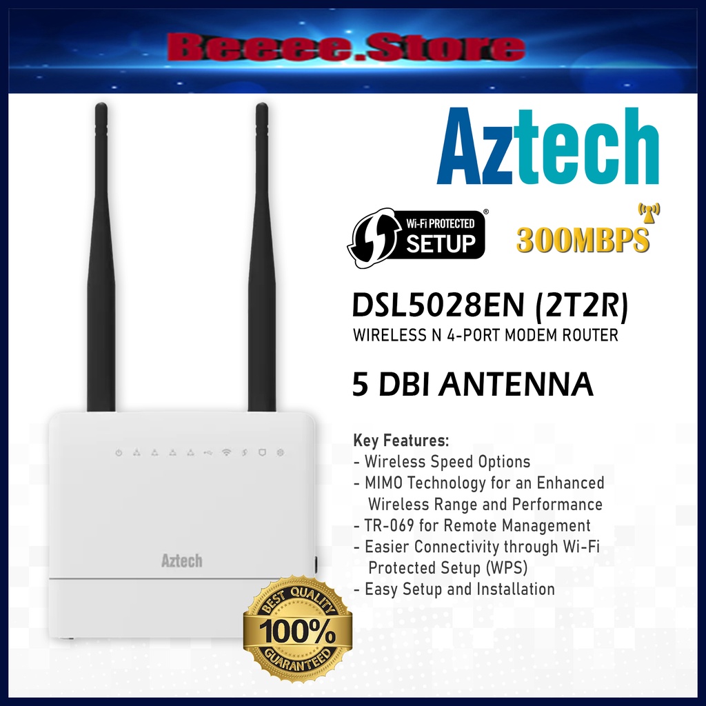 Aztech DSL5028EN (2T2R) ADSL 2+ 300Mbps Wireless N 4-Port Modem Router ...