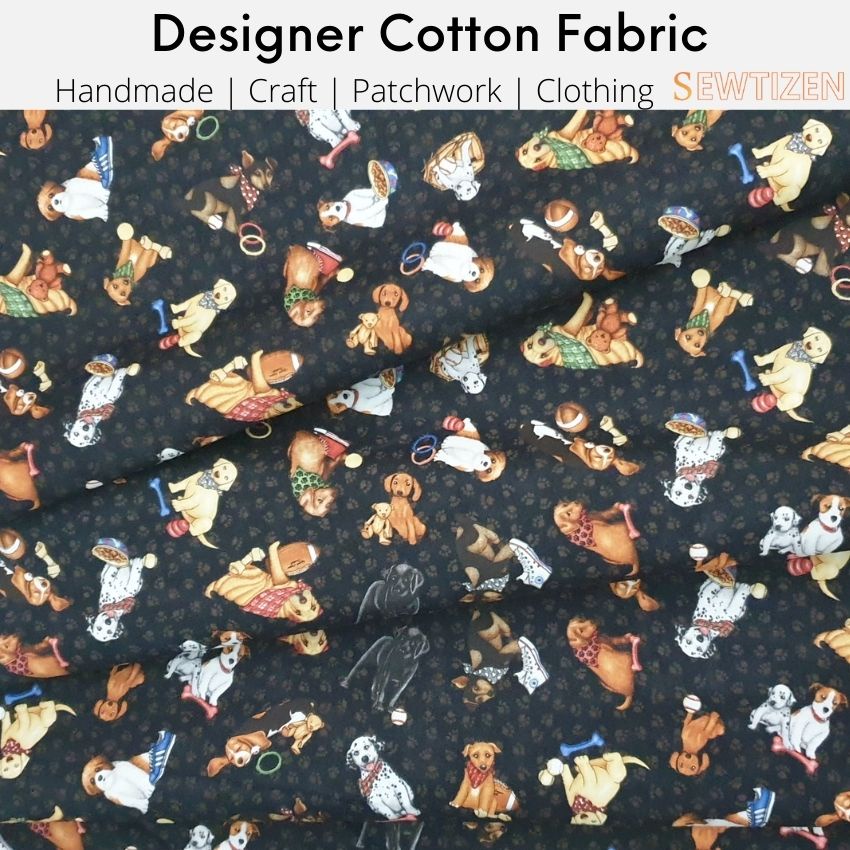 100% Medium Weight Cotton Fabric Puppy Dog Pet Design Black Color ...