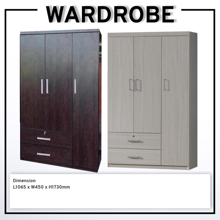 Wardrobe Cloths Cabinet 3 Swing Door with 2 Drawer | Shopee Malaysia
