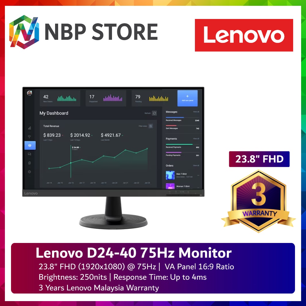 Lenovo D24-40 23.8'' FHD 75Hz Monitor Black ( HDMI, VGA, 3 Yrs Wrty ...