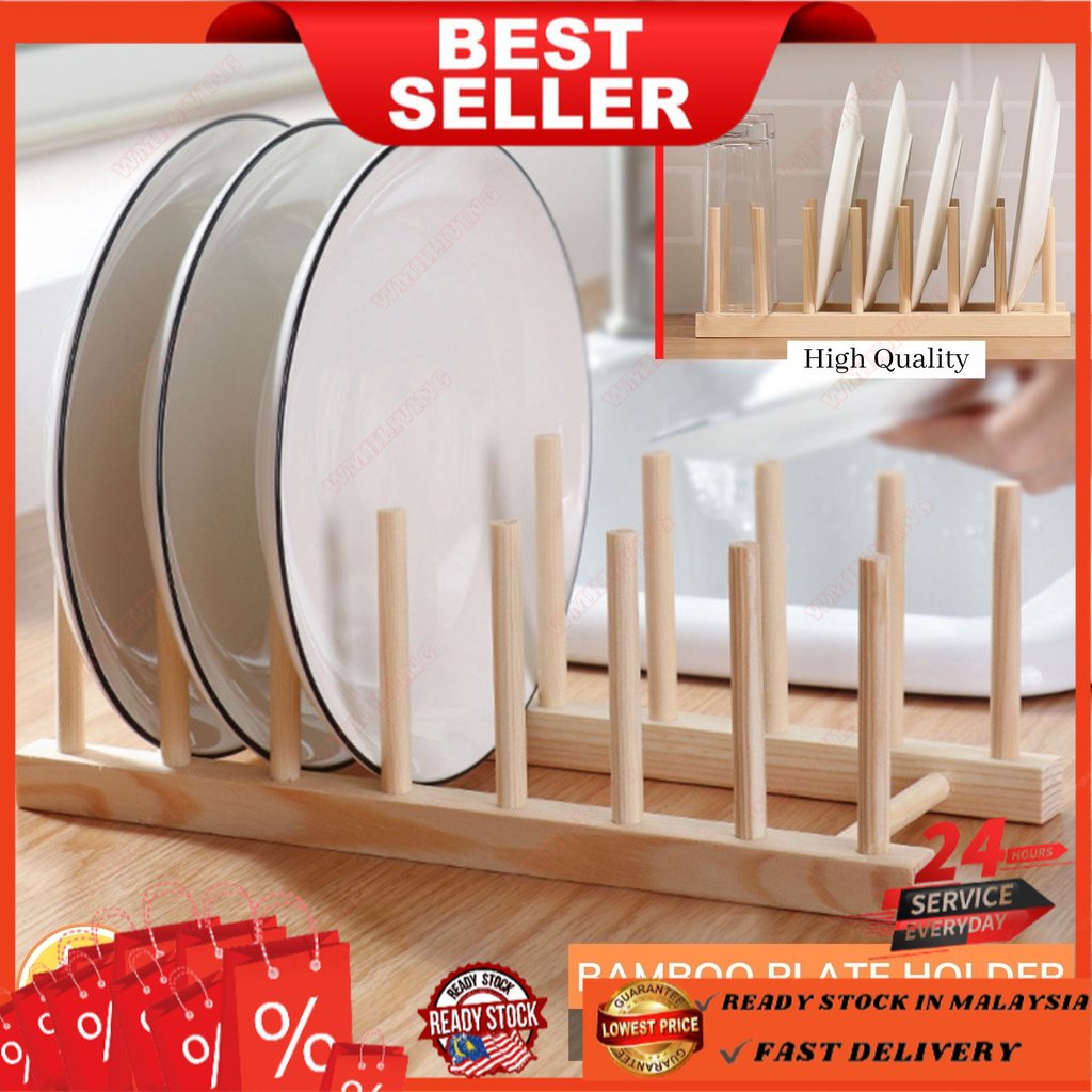 [6 slot] Bamboo Wooden Dish Rak Pinggan Sinki Plate Rack Tray For ...