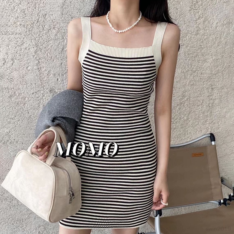 Womens Dress Casual Sweet Korean Style Stripe Contrast Color Dresses Shopee Malaysia