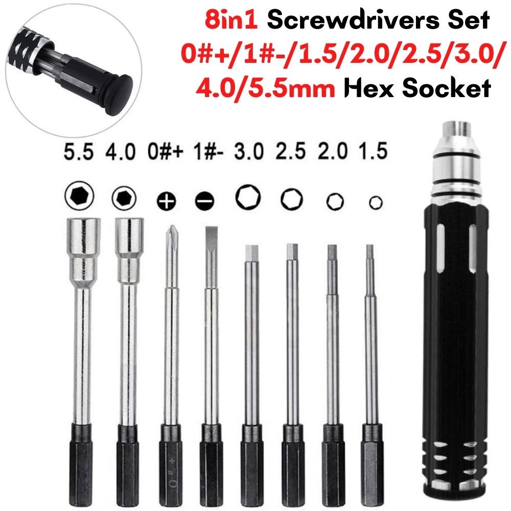 8in1 Screwdrivers Set 0#+/1#-/1.5/2.0/2.5/3.0/4.0/5.5mm Hex Socket Tools Kit For RC Car/Boat ...
