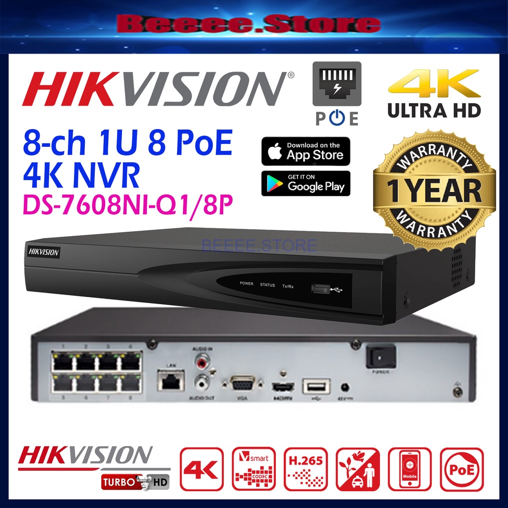 HIKVISION CCTV NVR Network 8Ch 8MP 4K Plug And Play IP NVR Network Video Recorder With 8 PoE ...
