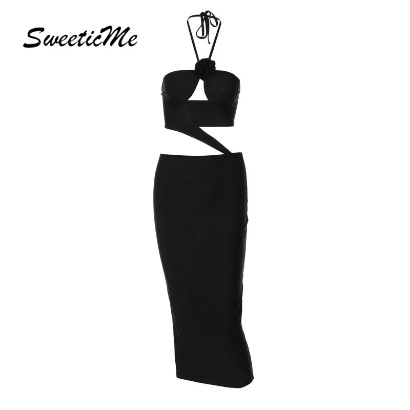 Sweeticme Womens 2023 Solid Color Hanging String Neck Midi Sexy Hollow