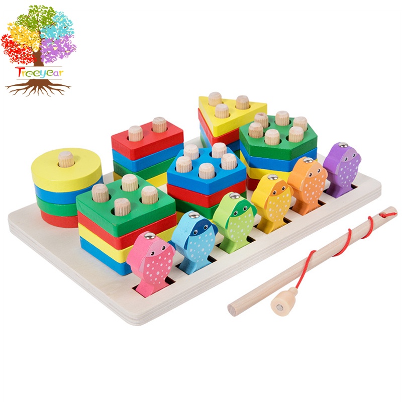 Montessori Toys Wooden Sorting Stacking & Magnetic Fishing Game 2-in-1 ...