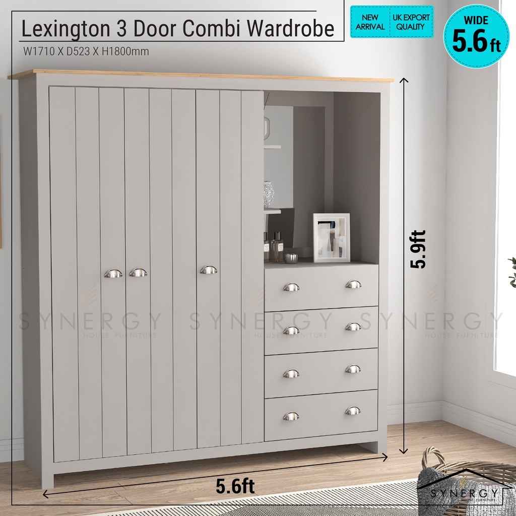 Lexington Collection Wardrobe 3 Door Wardrobe with Drawer Storage Combi ...