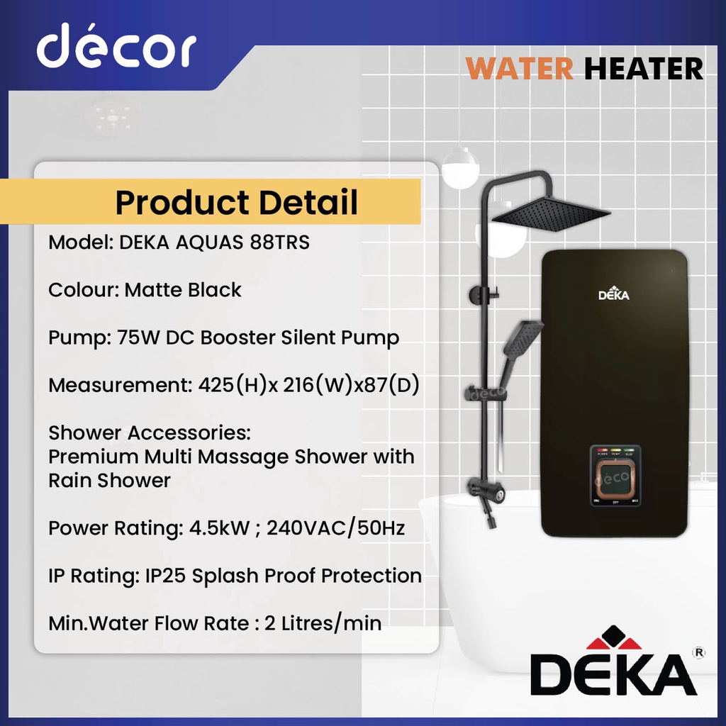 DEKA AQUAS 88TRS DEKA Aquas Series Water Heater With Rainshower DC ...