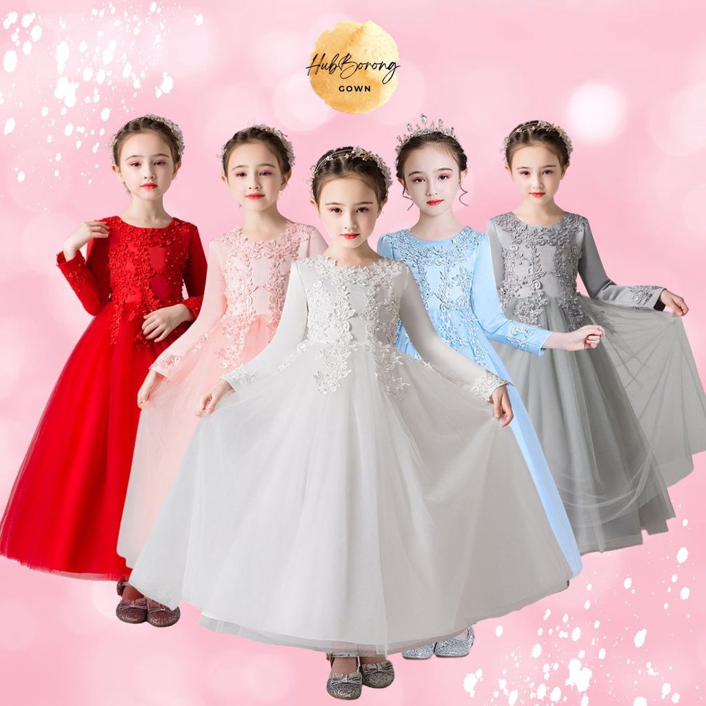 Gaun Lace Princess Kembang Labuh Lengan Panjang Budak Perempuan ...