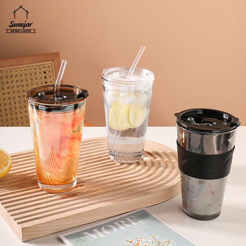 SWEEJAR Glass Straw Cup with Lid Heat Cold Resistant Iced Water Bottle ...